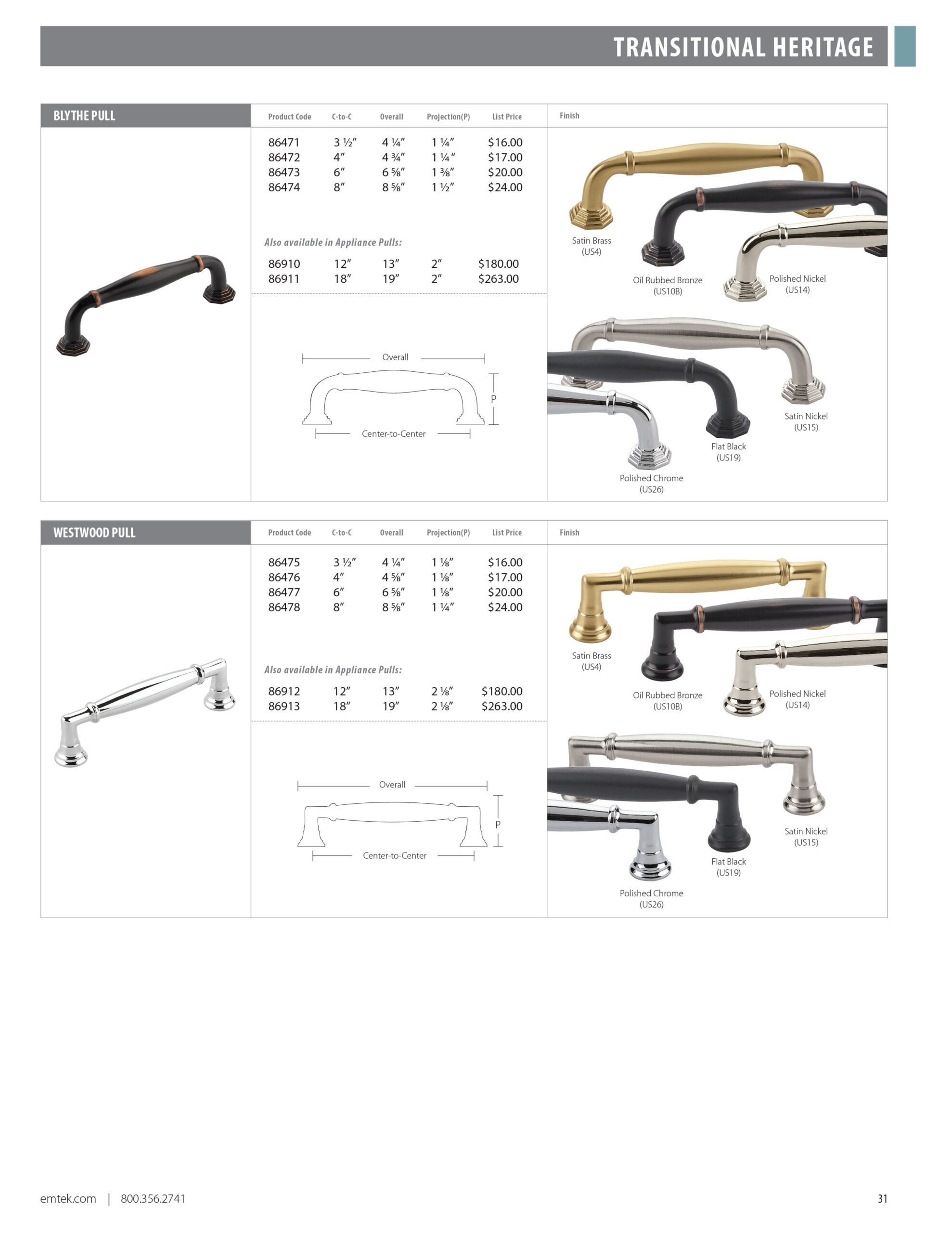Emtek Westwood Pull Transitional Heritage - Door Hardware Canada